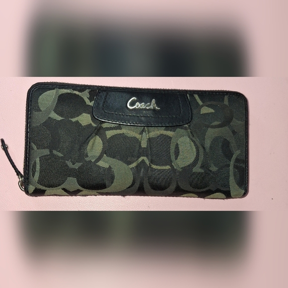 Coach | Bags | Coach Signature Camouflage And Black Zip Wallet Euc ...